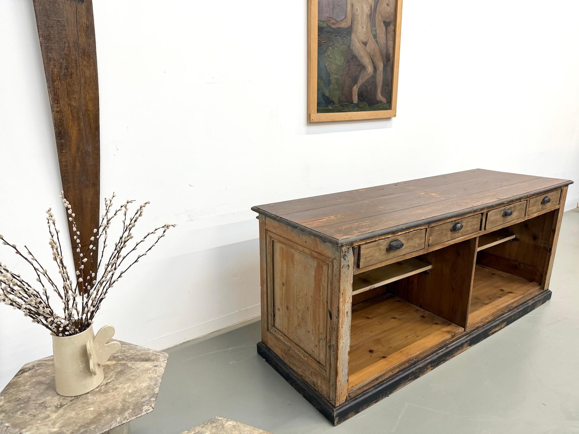 Large Antique Pine Shop Counter, Original Patina and Restored Drawers ...