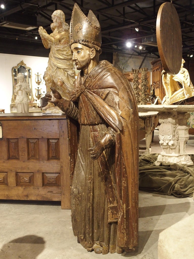 Large Antique Polychromed Wood Statue of a Bishop, circa 1650 For Sale ...