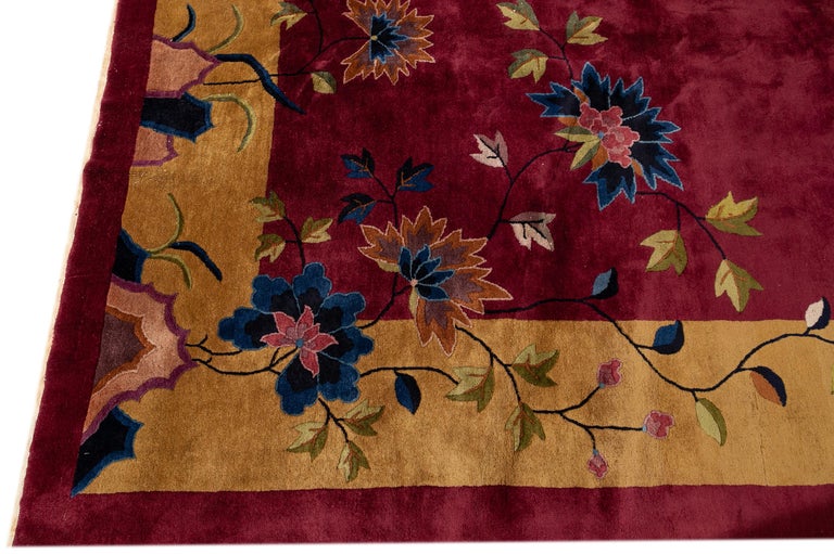 Large Antique Red Chinese Deco Wool Rug For Sale at 1stDibs