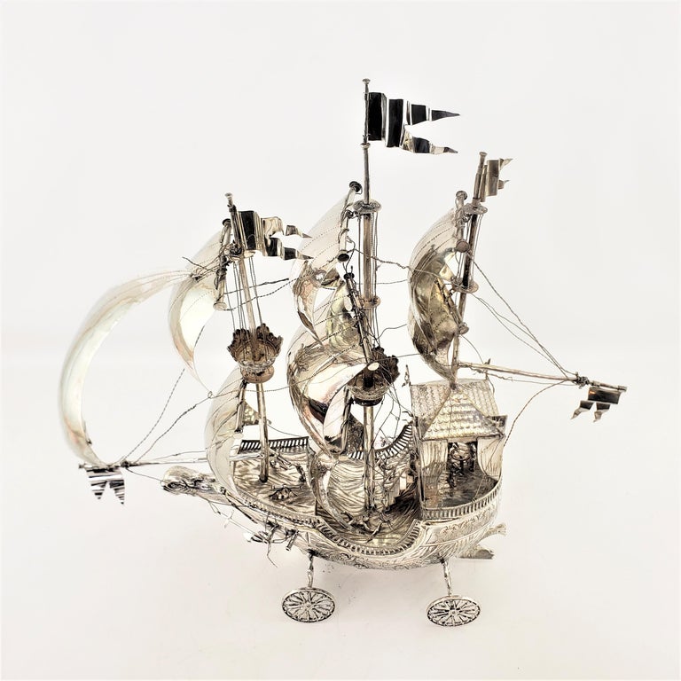 Large Antique Silver Plated Nef or 3 Mast Sailing Ship Sculpture or ...