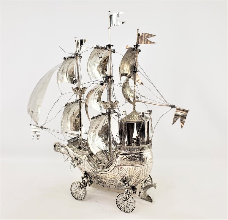 Large Antique Silver Plated Nef or 3 Mast Sailing Ship Sculpture or ...