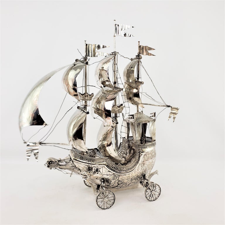 Large Antique Silver Plated Nef or 3 Mast Sailing Ship Sculpture or ...