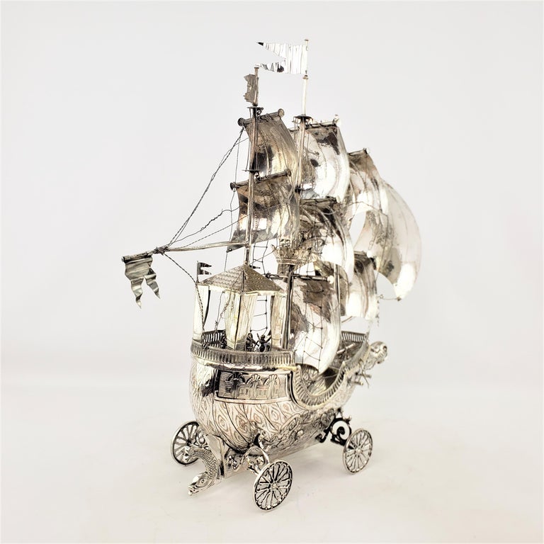 Large Antique Silver Plated Nef or 3 Mast Sailing Ship Sculpture or ...