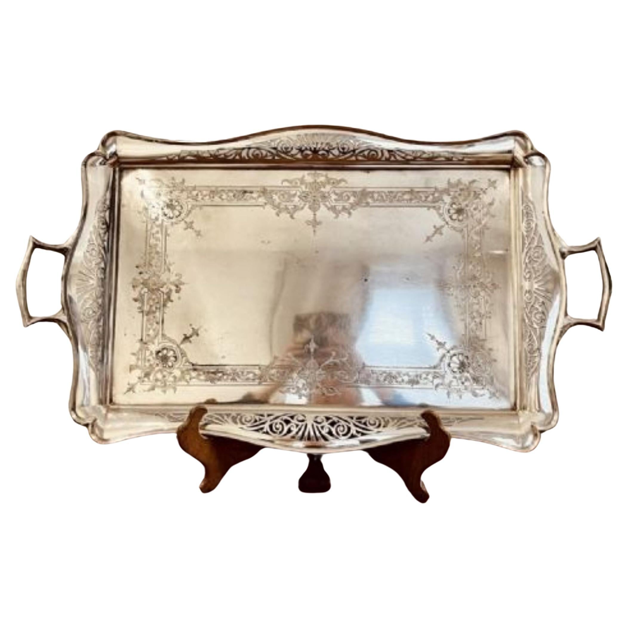 Large antique silver plated ornate tea tray For Sale at 1stDibs