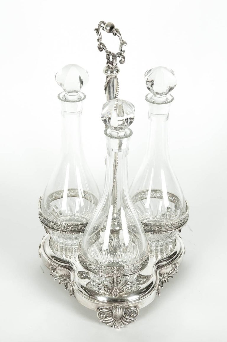 Large Antique Sterling Silver Trefoil Form Three Bottles Decanters For ...