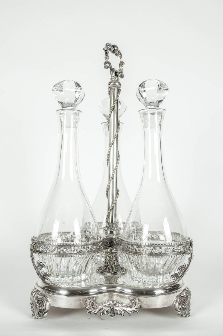 Large Antique Sterling Silver Trefoil Form Three Bottles Decanters For ...