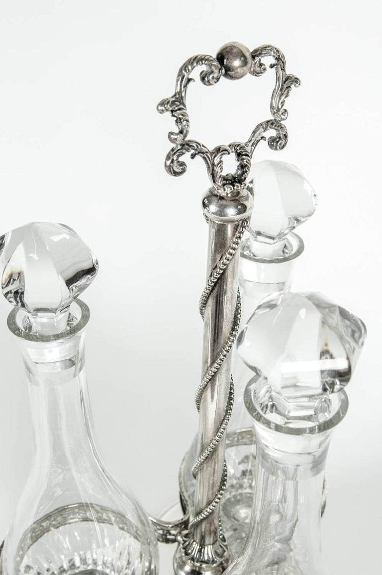 Large Antique Sterling Silver Trefoil Form Three Bottles Decanters For ...