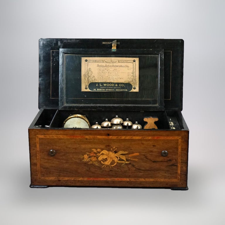 Large Antique Swiss Ten-Tune Rosewood and Satinwood Inlay Music Box ...