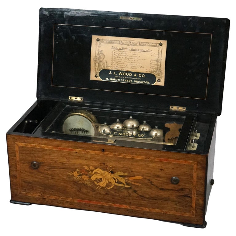 Large Antique Swiss Ten-Tune Rosewood and Satinwood Inlay Music Box ...