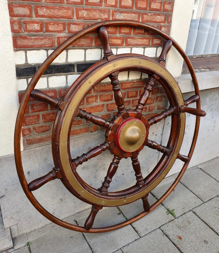 Large Antique Victorian Eight Spoke Mahogany and Brass Ships Steering ...