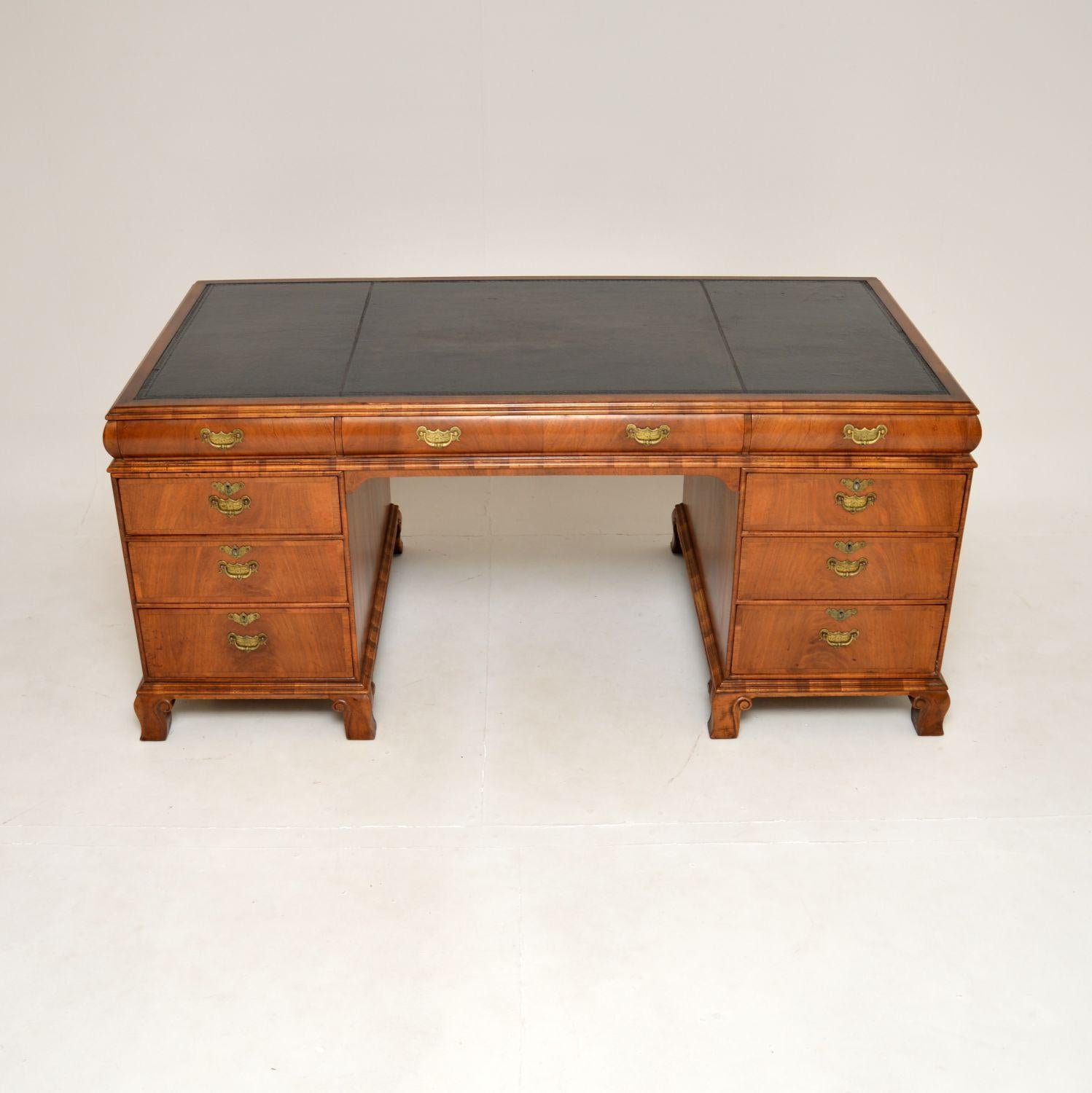 Large Antique Walnut Leather Top Partners Desk For Sale at 1stDibs
