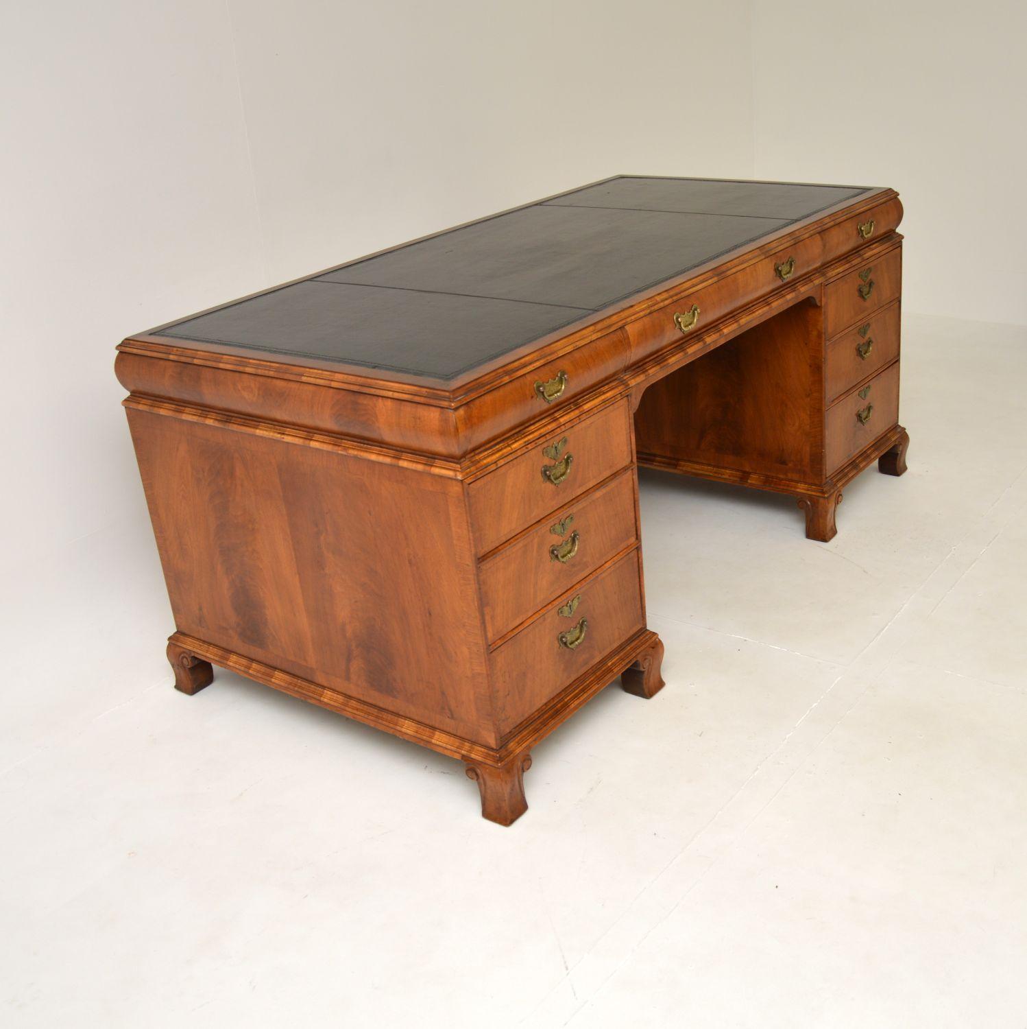 Large Antique Walnut Leather Top Partners Desk For Sale at 1stDibs