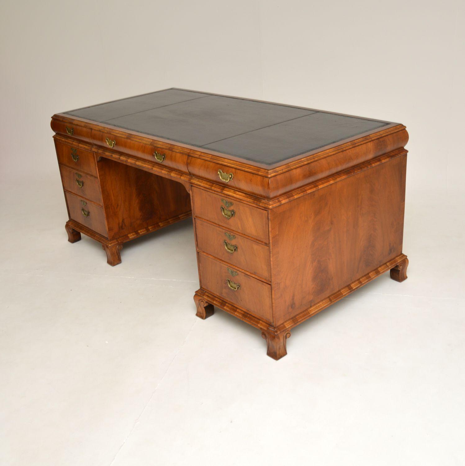 Large Antique Walnut Leather Top Partners Desk For Sale at 1stDibs