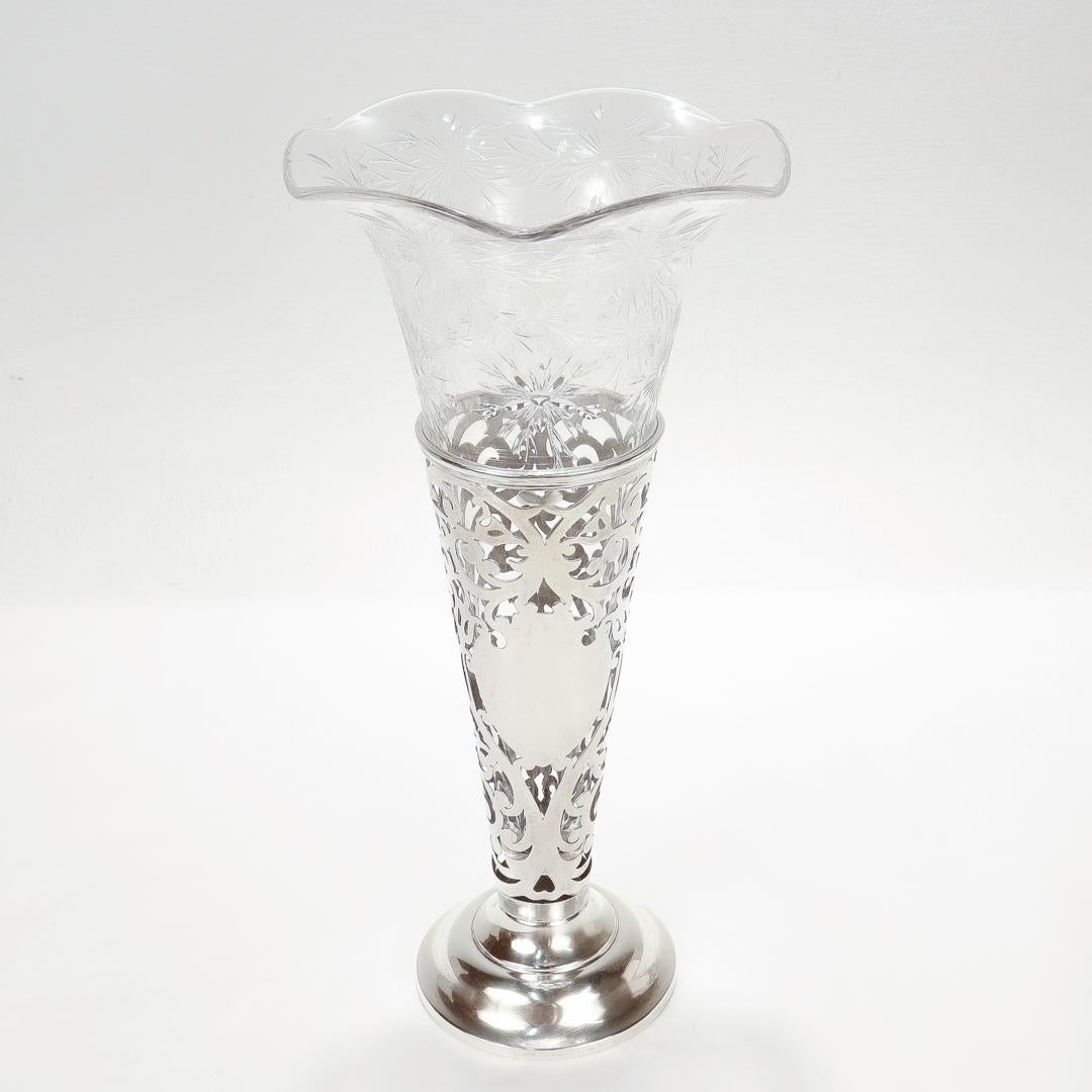 Large Antique Watson Sterling Silver and Cut Glass Vase for Bailey ...