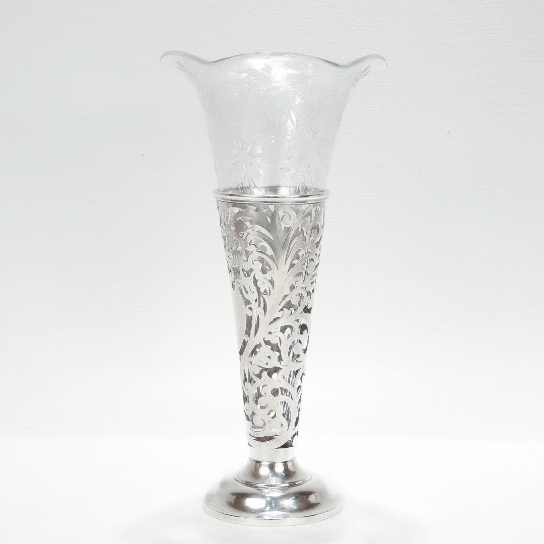 Large Antique Watson Sterling Silver and Cut Glass Vase for Bailey ...