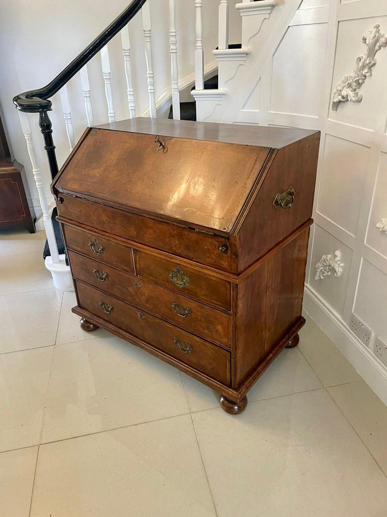 Large Antique William and Mary Burr Walnut Herringbone Inlaid Two Part Bureau For Sale at 1stDibs