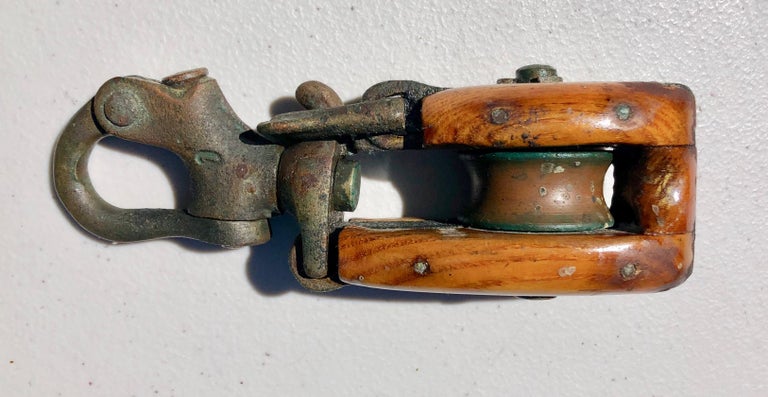 Large Antique Wood Marine Block with a Cast Iron Single Pulley For Sale ...