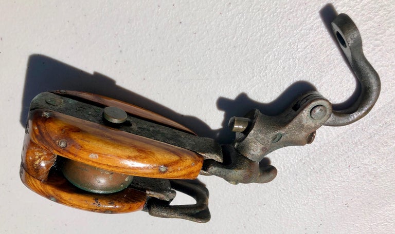 Large Antique Wood Marine Block with a Cast Iron Single Pulley For Sale ...