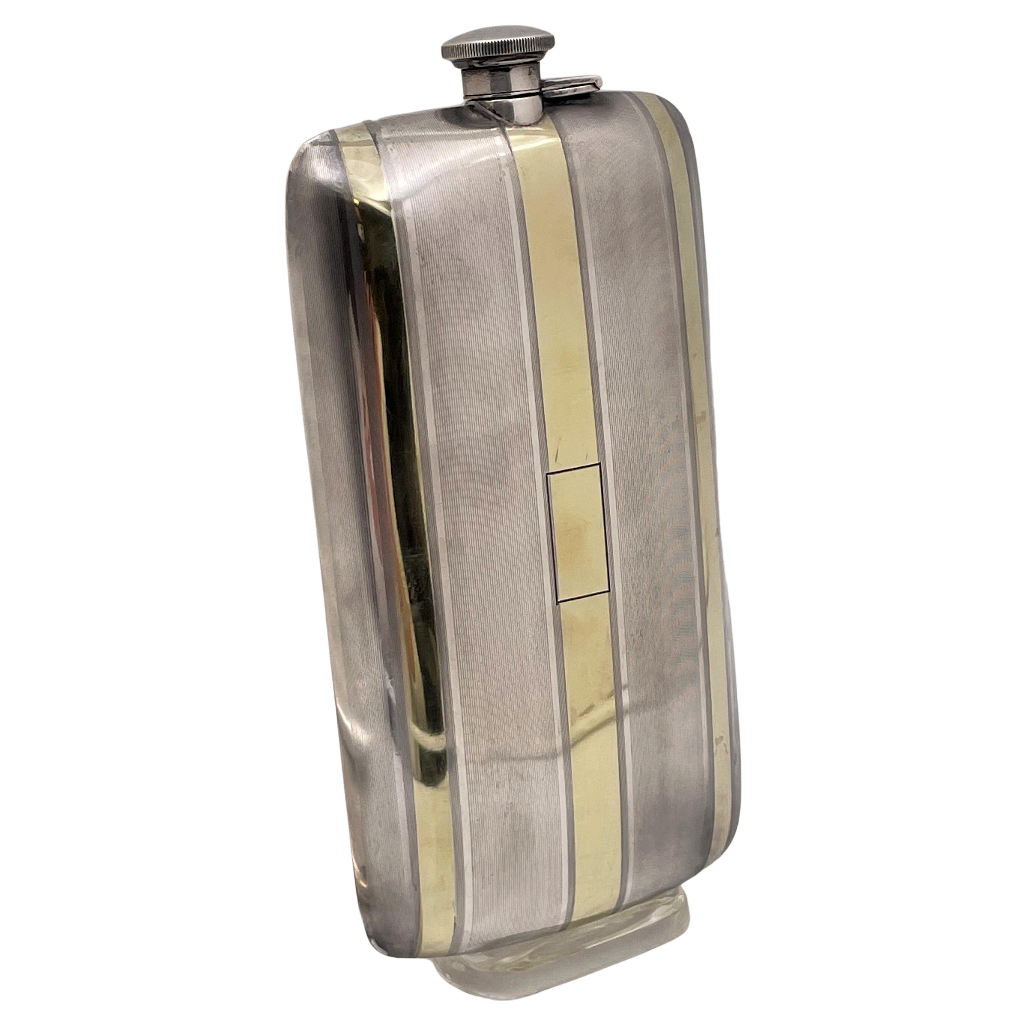 14k Gold and Sterling Silver Large Striped Flask in Art Deco Style For ...
