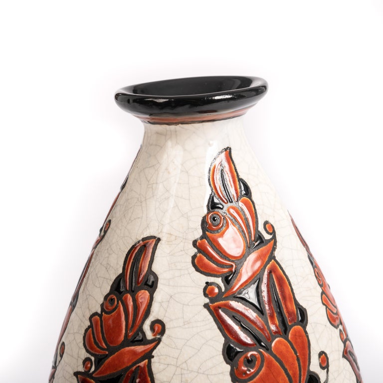 Large Art Deco Ceramic Vase in Orange-Red-Black-Beige by Boch Frères ...
