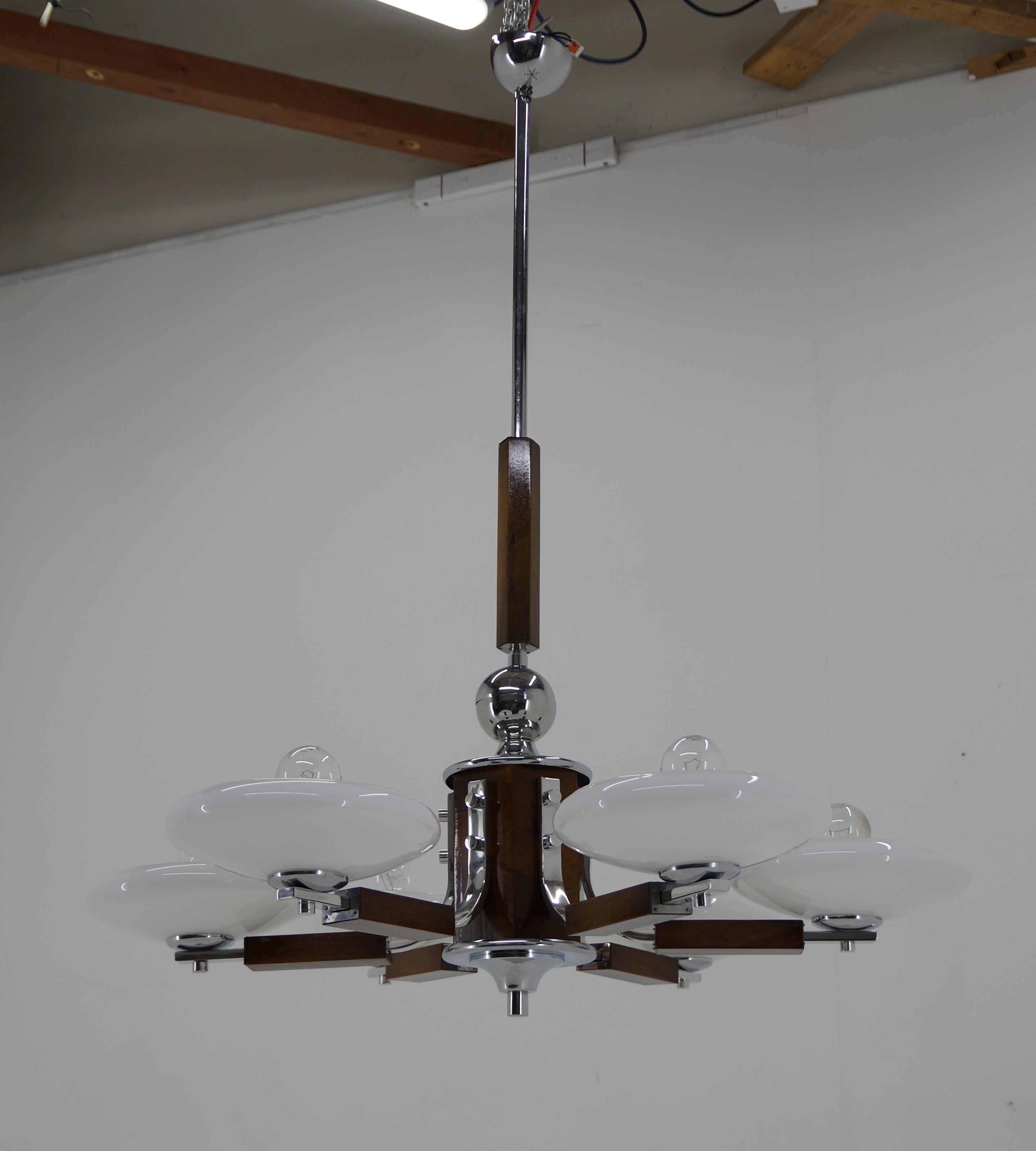Large Art Deco Chrome Wood and Chrome Chandelier, 1930s, Restored For ...