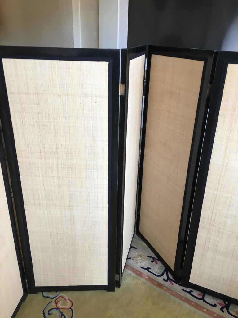 Large Art Deco Five Panels Black Lacquer and Raffia Screen, France 1930 ...