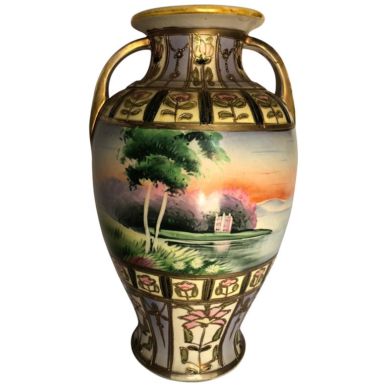 Large Art Deco Hand-Painted Two Handled Vase, Signed MM For Sale at 1stDibs
