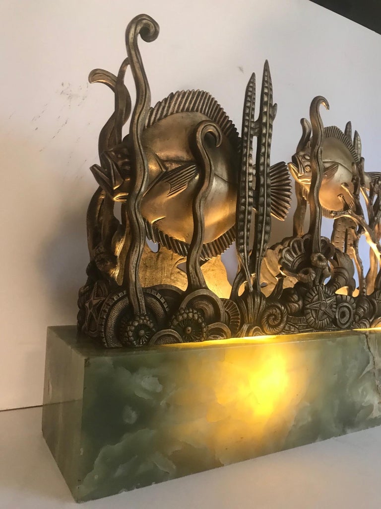 Large Art Deco Table Lamp, Exquisite Sculptural Aquarium Light on Onyx ...