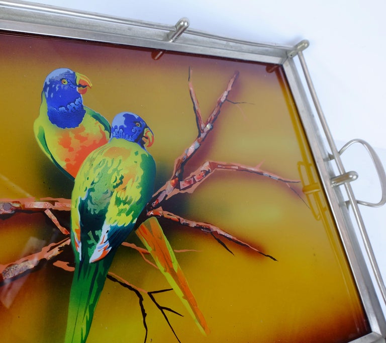 Large Art Déco Tray Glass Metal Parrot Motif, 1920s/1930s For Sale at ...