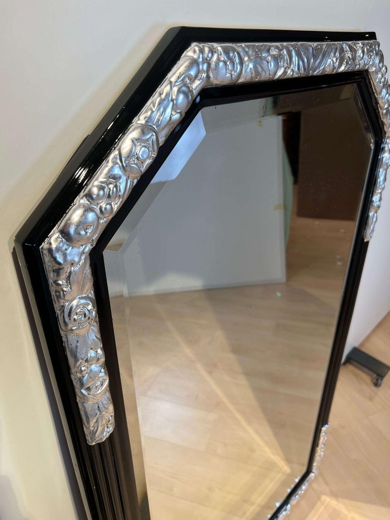Large Art Deco Wall Mirror, Black Lacquer on Oak, Silver Leaf, France ...