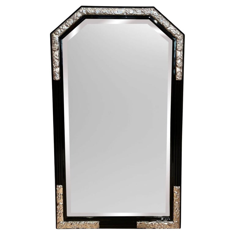 Large Art Deco Wall Mirror, Black Lacquer on Oak, Silver Leaf, France ...