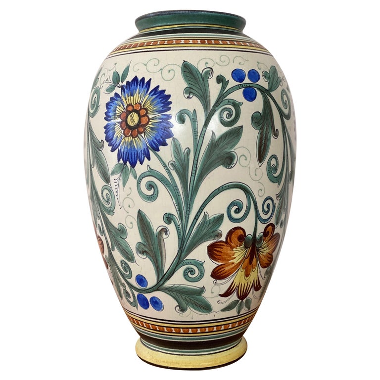 Large Art Gouda Ceramic Flower Pattern Vase, 1930s For Sale at 1stDibs