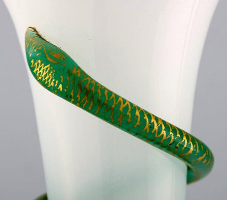 Large Art Nouveau Opaline Glass Vase with Green Snake For Sale at 1stDibs