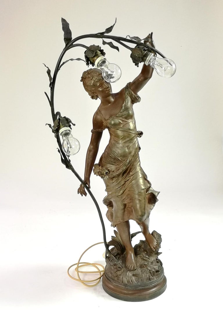 Large Art Nouveau Sculpture of August Moreau Bronze Newel Post Lamp at ...