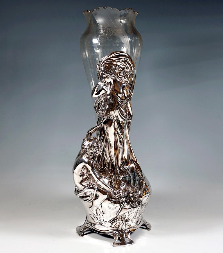 Large Art Nouveau Vase with Plasitc Figures and Original Glass, WMF ...