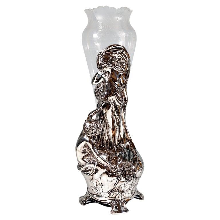 Large Art Nouveau Vase with Plasitc Figures and Original Glass, WMF ...
