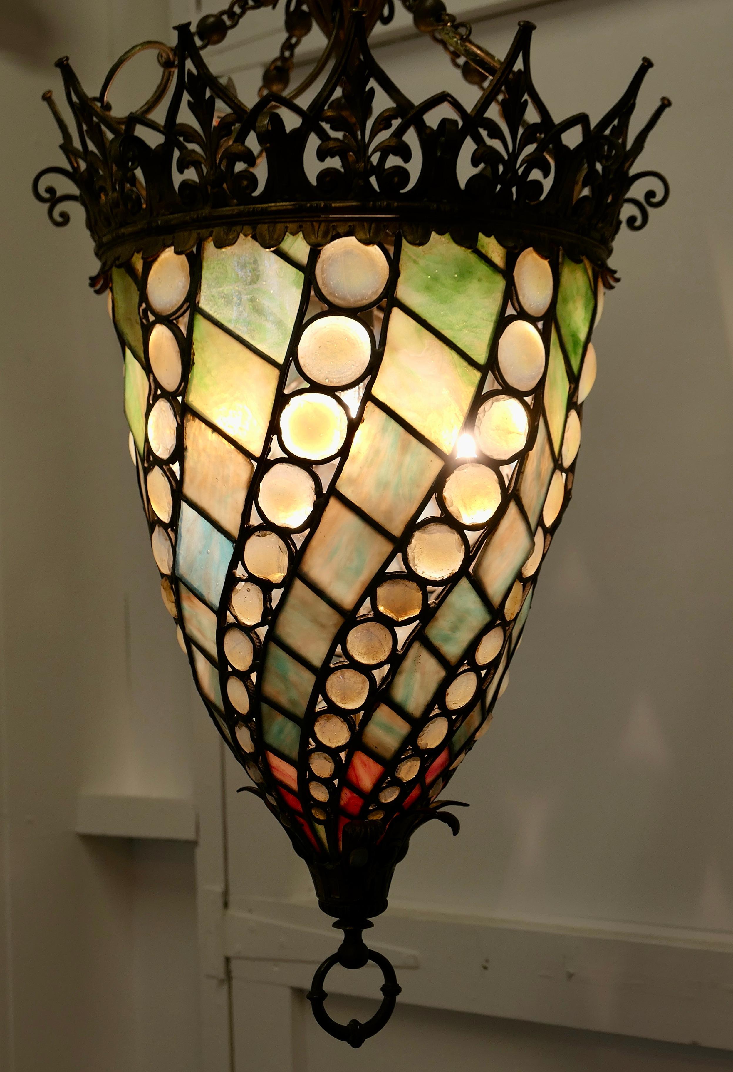 Large Arts and Crafts Stained Glass Hall Lantern Ceiling Light at 1stDibs