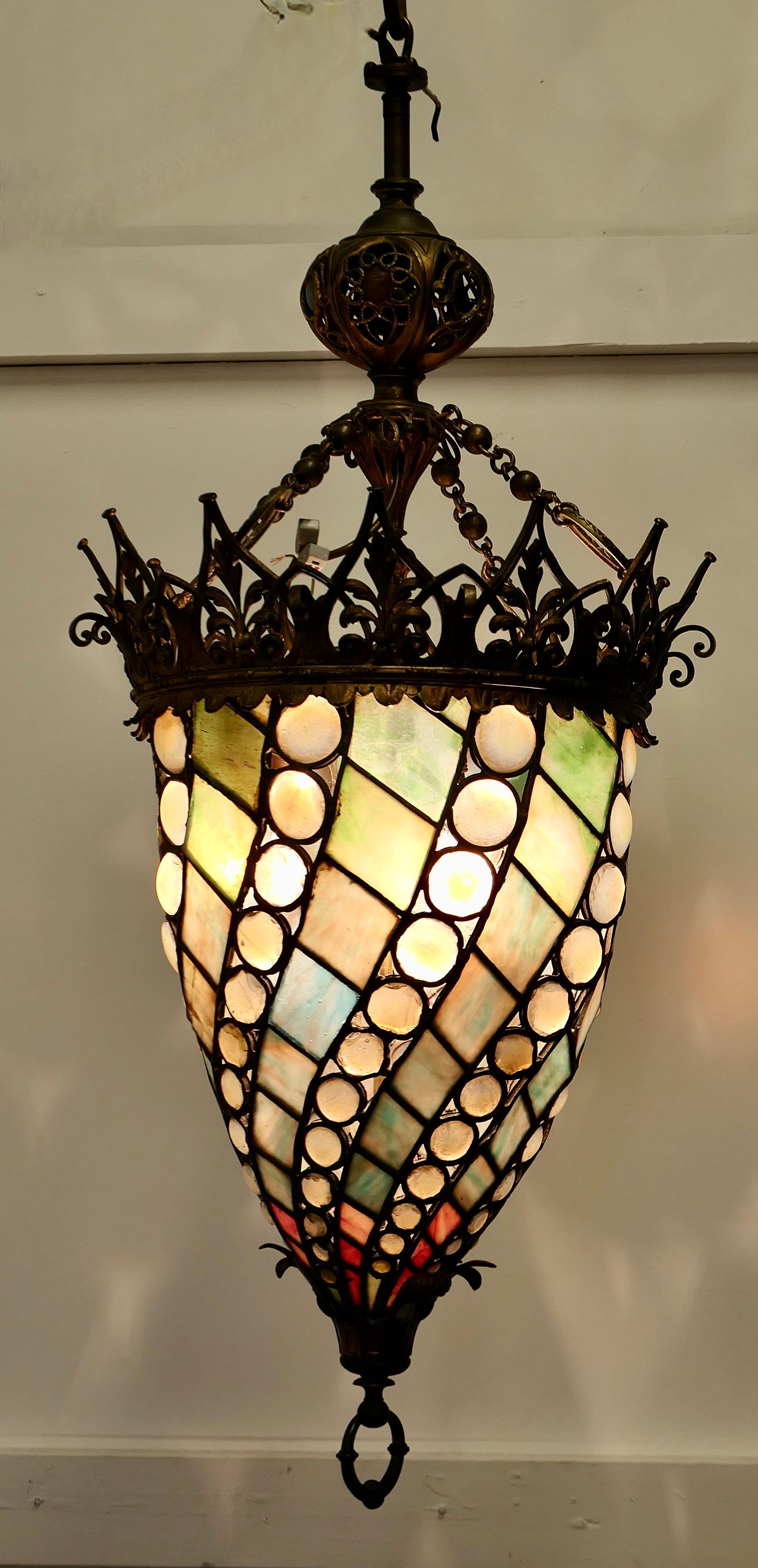 Large Arts and Crafts Stained Glass Hall Lantern Ceiling Light at 1stDibs