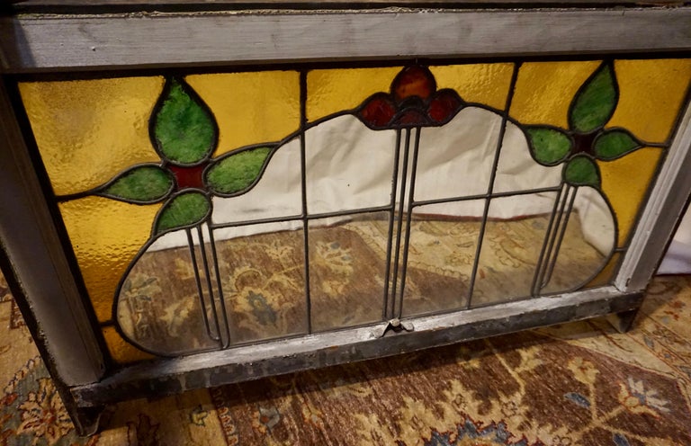 Large Arts And Crafts Stained Glass Window With Floral Theme For Sale