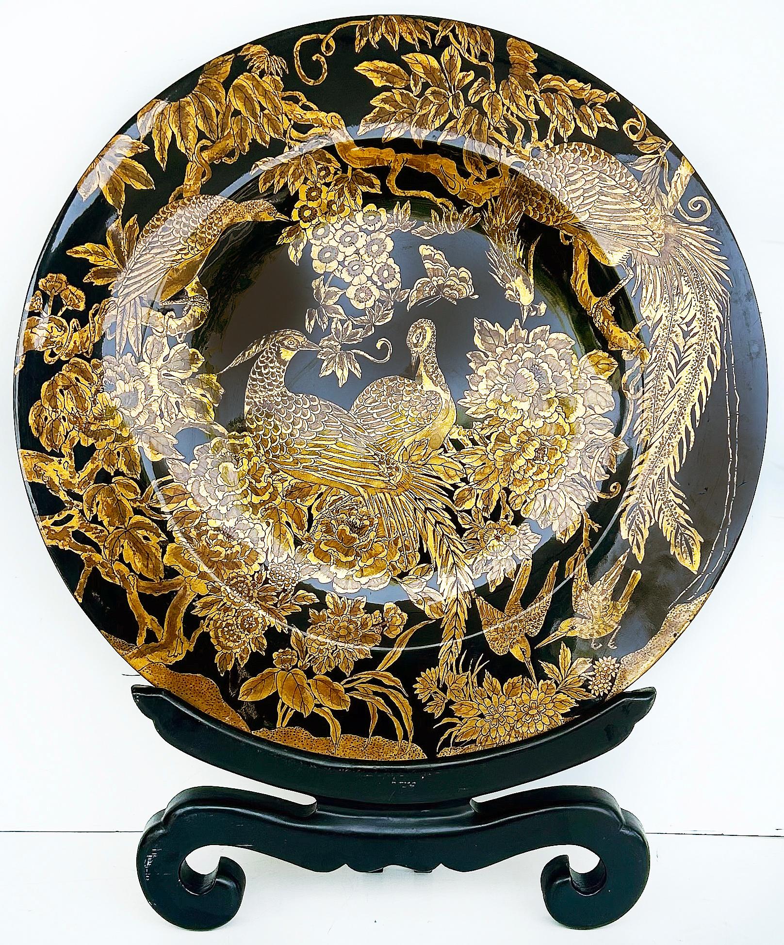 Large Asian Black Lacquer Gilt Wood "Bird" Charger on Stand, Hand ...