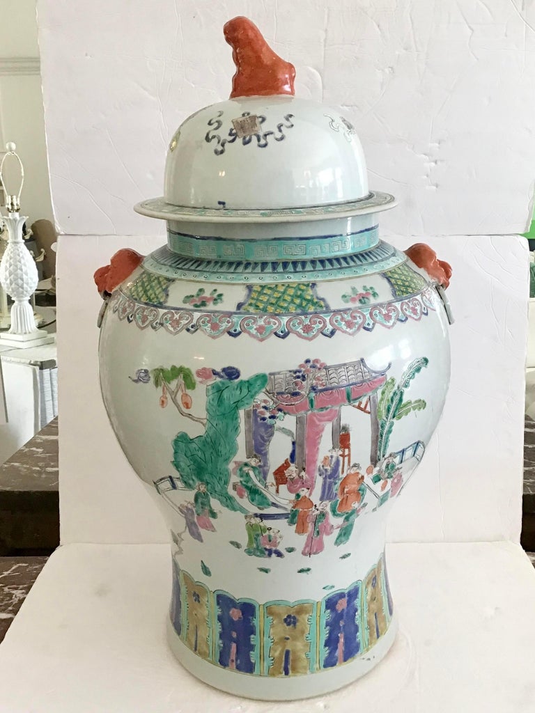 Large Asian Chinoiserie Ceramic Ginger Jar For Sale at 1stDibs
