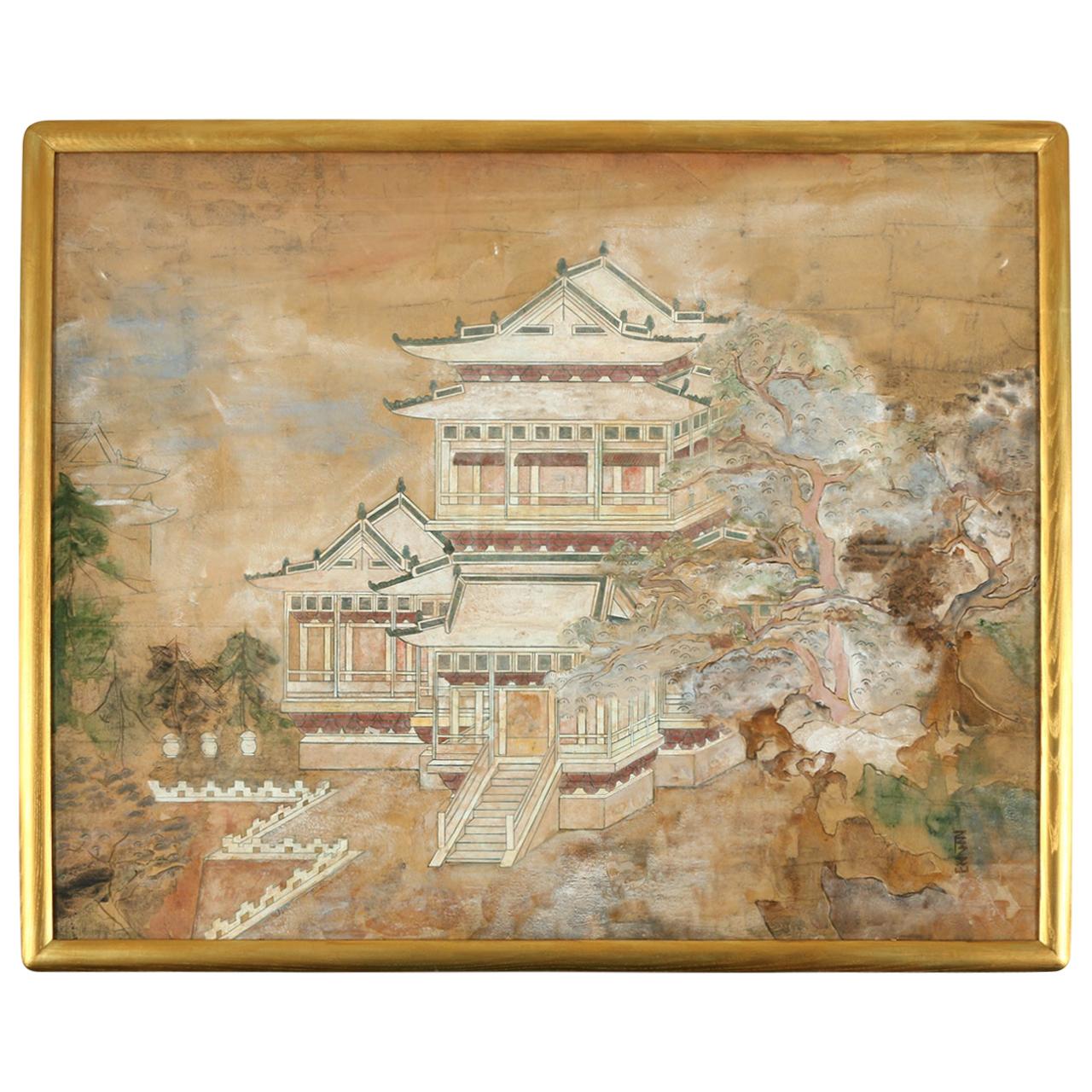 Large Asian Decorative Panel in Gold Wood Frame at 1stDibs