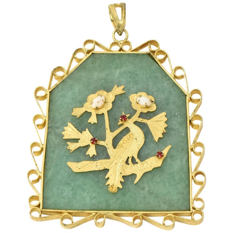 Large Asian Motif Bird and Floral Pendant For Sale at 1stDibs