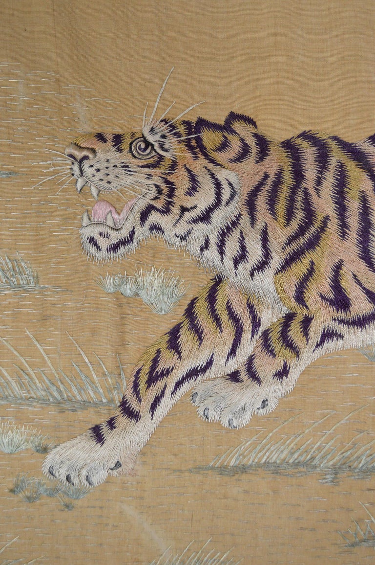 Large Asian Silk Embroidery Tapestry, "Tiger Hunting Deer", Indochina ...