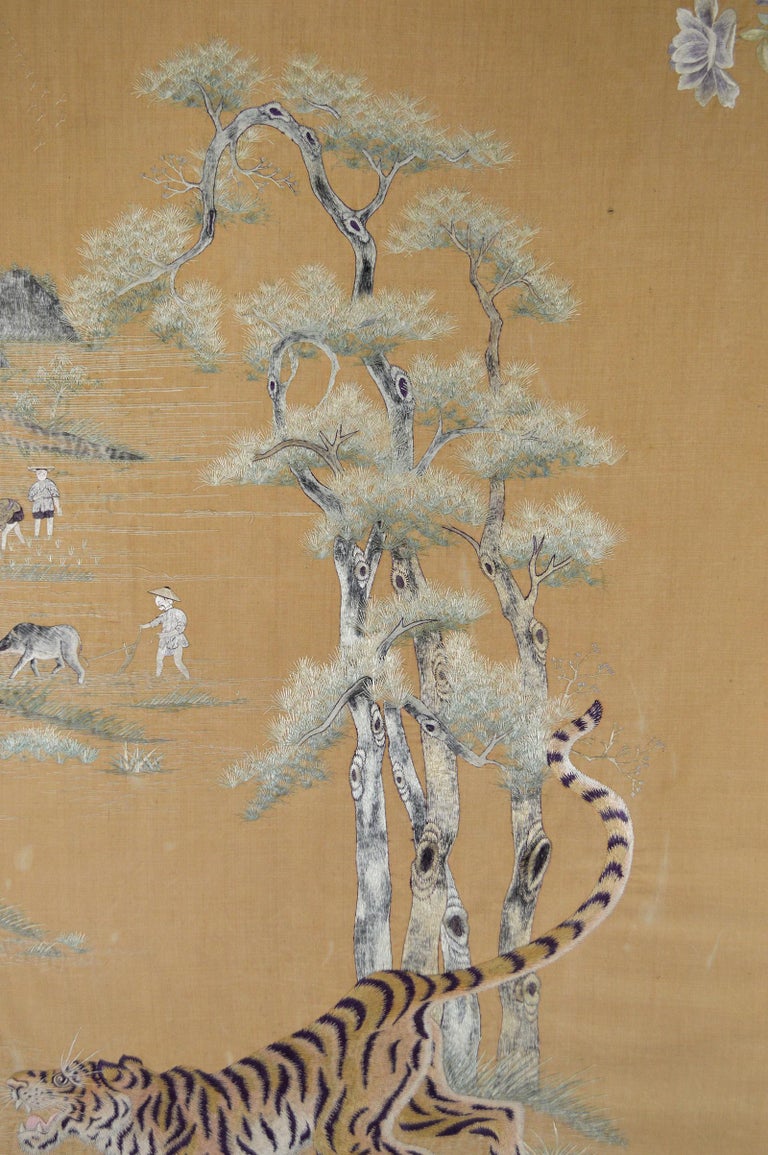 Large Asian Silk Embroidery Tapestry, "Tiger Hunting Deer", Indochina ...