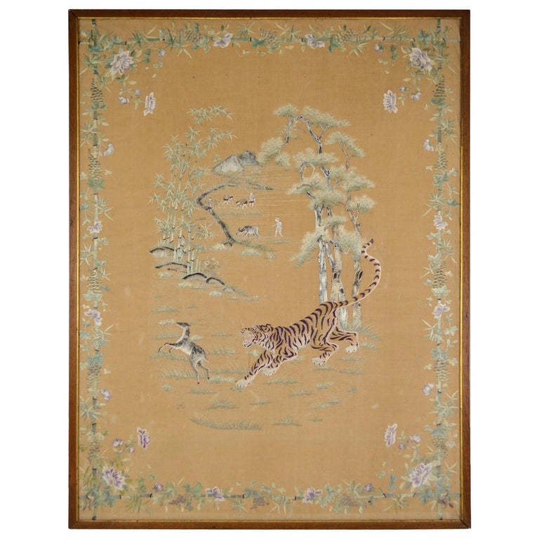 Large Asian Silk Embroidery Tapestry, "Tiger Hunting Deer", Indochina ...