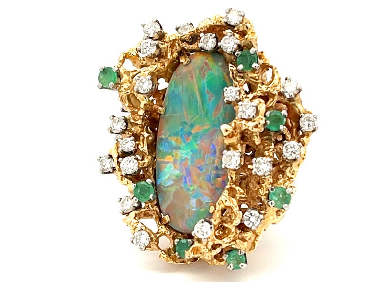 Large Australian Lightning Ridge Opal, Emerald, Diamond Ring in 14k ...