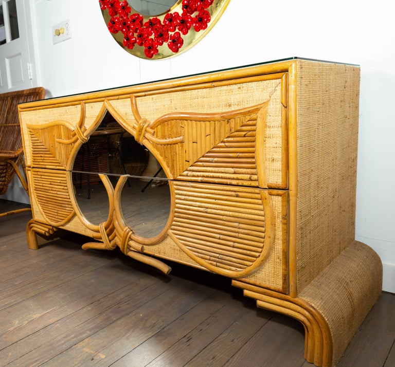 Large Bamboo and Reed Two-Drawer Mirrored Front Detail with Glass Top ...