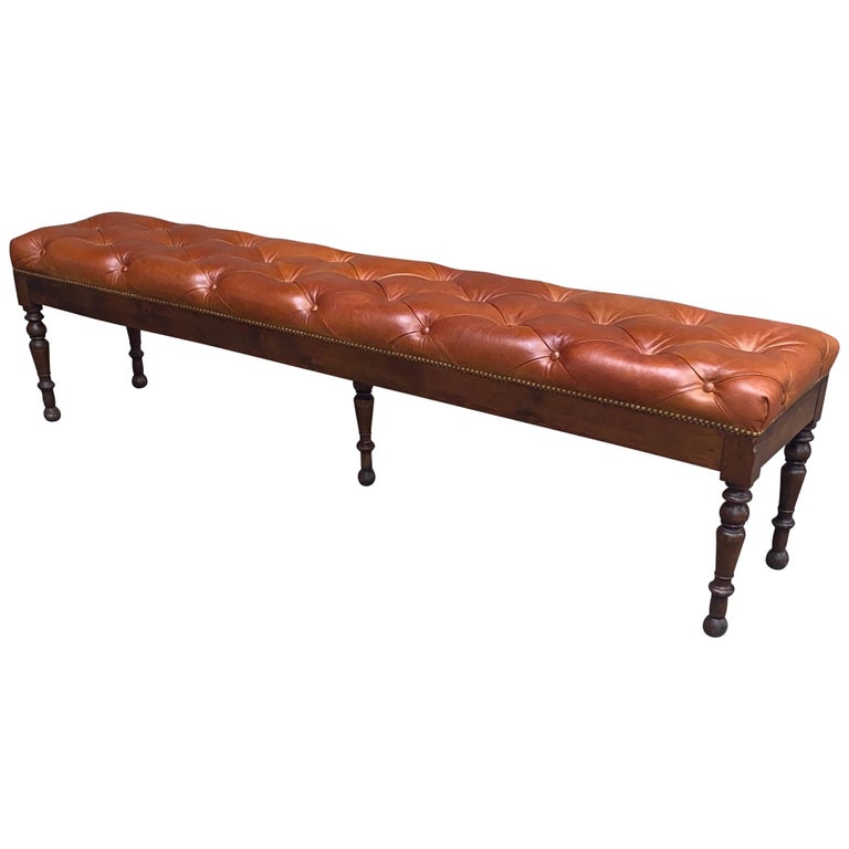 Large Bench in Walnut and Chesterfield Leather, Charles X Period at 1stDibs