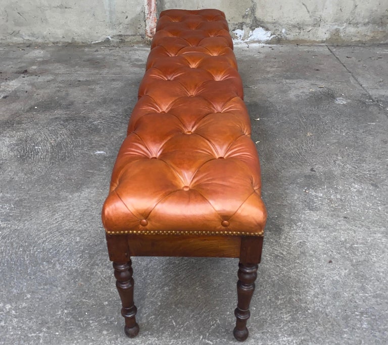 Large Bench in Walnut and Chesterfield Leather, Charles X Period at 1stDibs